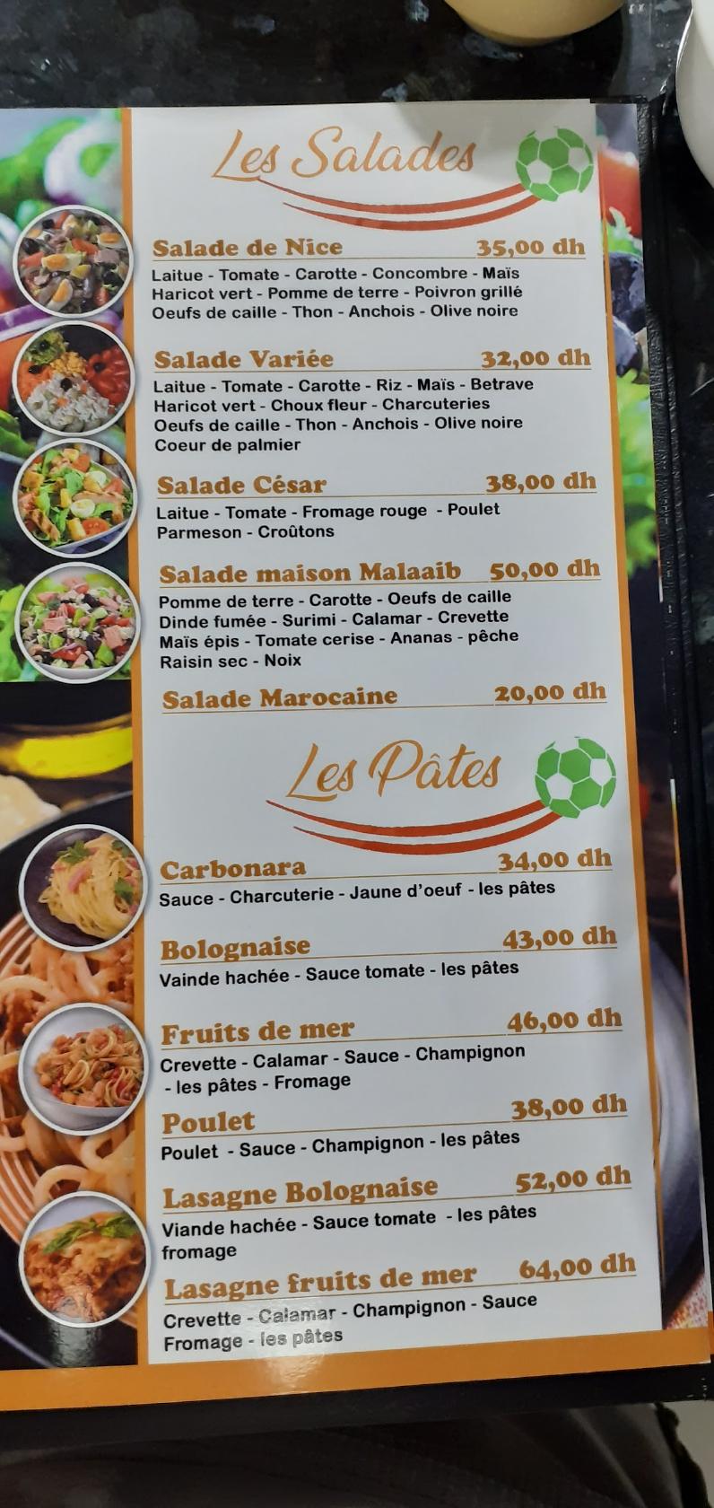 Menu at cafe malaaib, Meknes