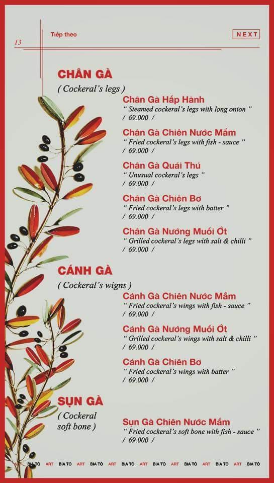 Menu at ART Bia Tô restaurant, Ho Chi Minh City
