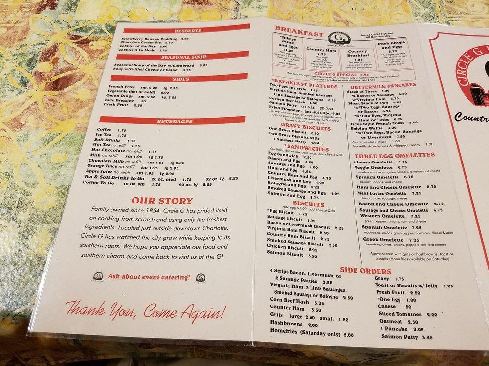 Menu at Circle G Restaurant, Charlotte