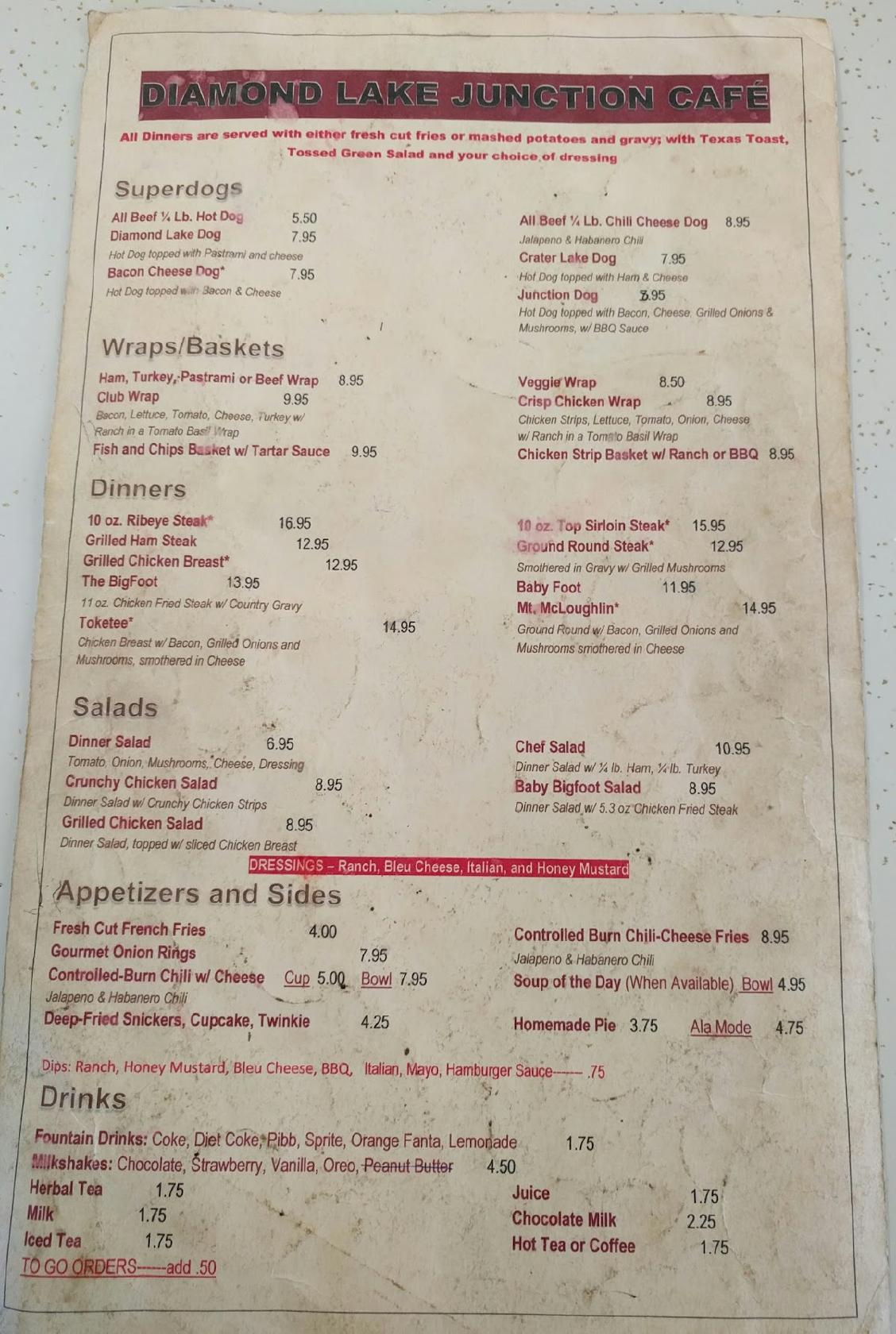 Menu at Diamond Lake Junction Cafe, USA, US-97