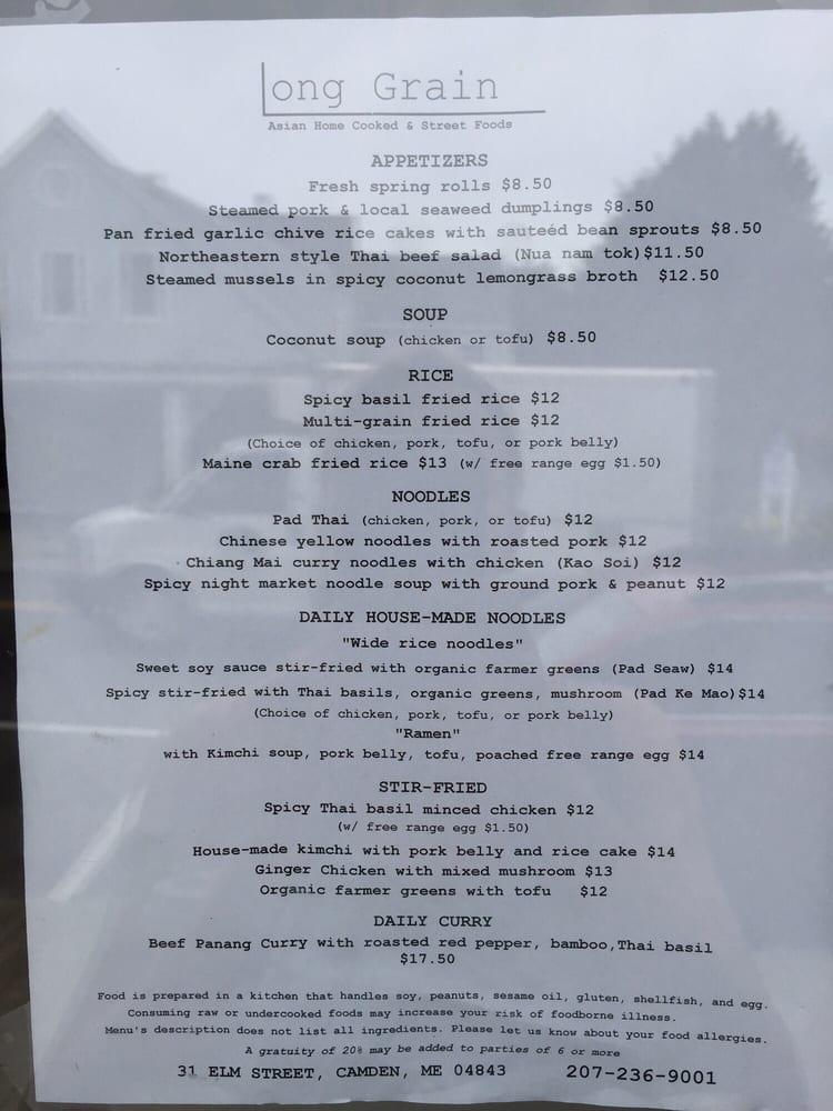 Menu at Long Grain restaurant, Camden, 20 Washington St