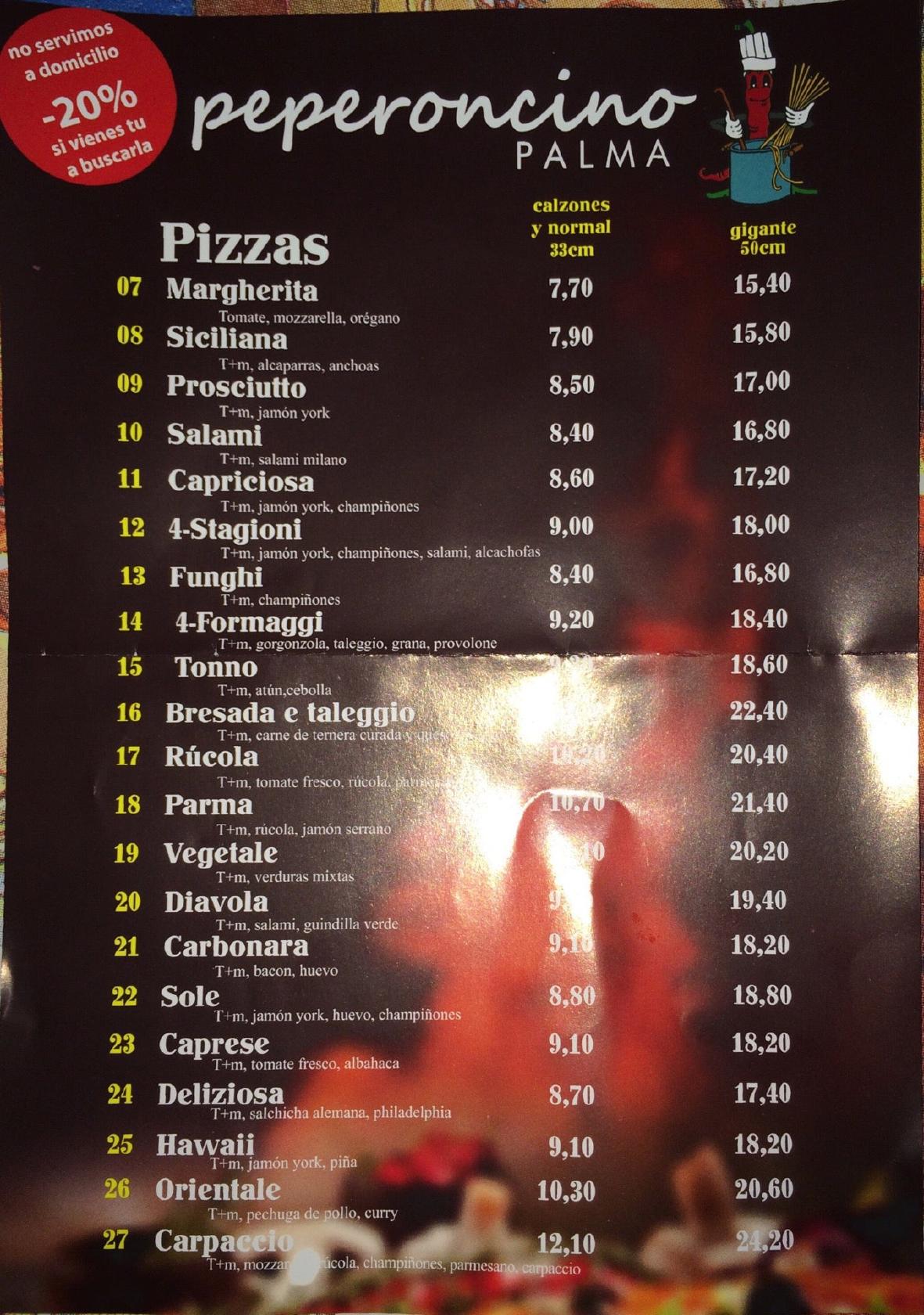 Menu at Peperoncino pizzeria, Palma, C. Socors
