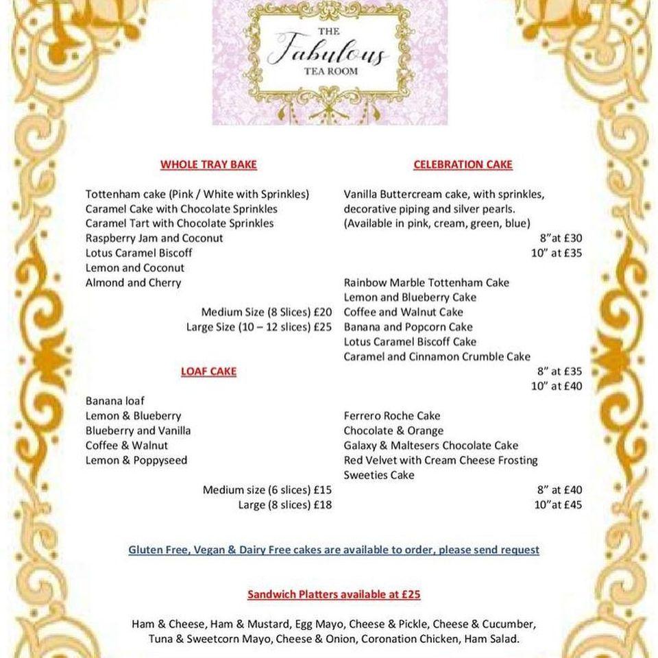 Menu at The Fabulous Tearoom cafe, London
