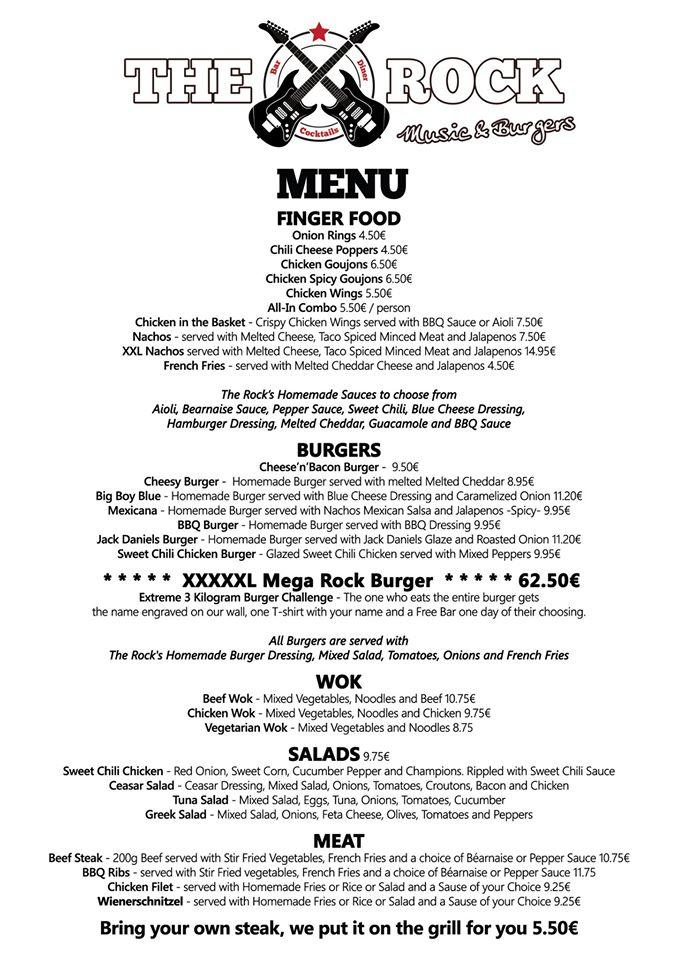 Menu at The Rock - Magaluf restaurant, Magaluf