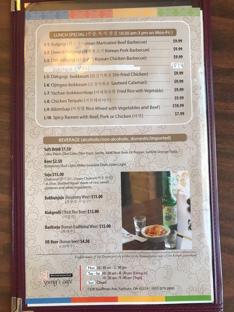 Menu at Yung's Cafe, Fairborn