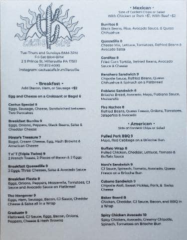Menu at Cactus Café cafe, Millersville