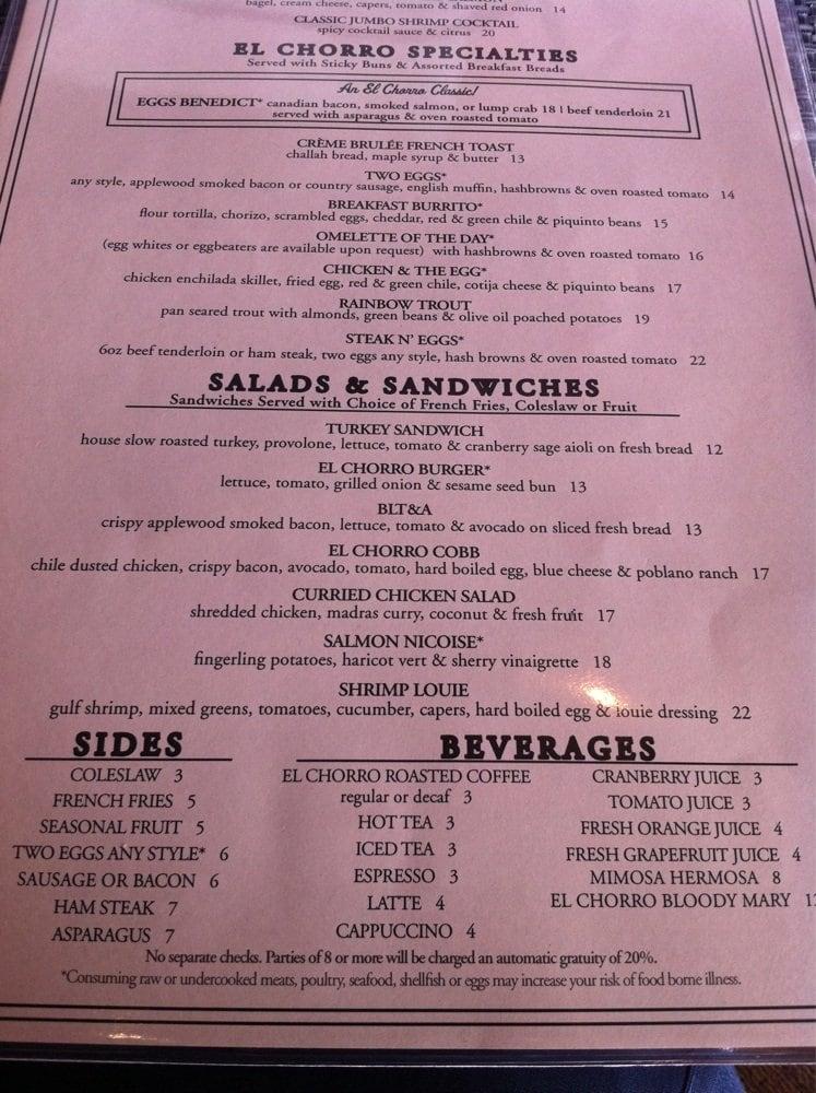 Menu at El Chorro pub & bar, Paradise Valley