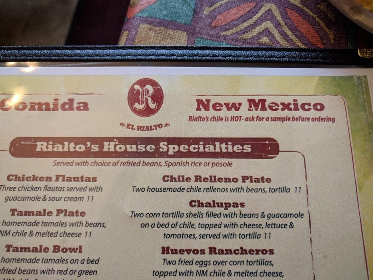 Menu at El Rialto Restaurant, Las Vegas