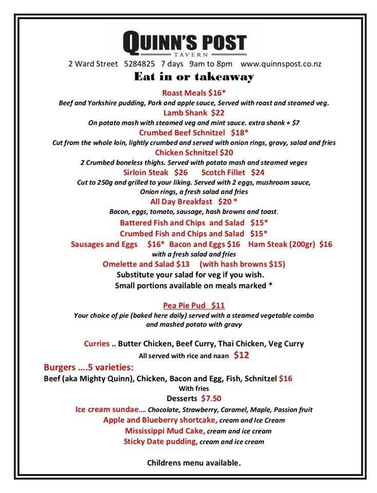 Menu at Quinns Post restaurant, Upper Hutt