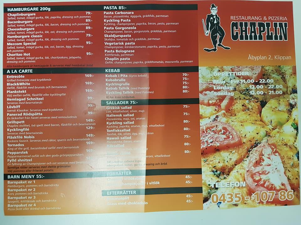 Menu at Restaurang Chaplin pizzeria, Klippan