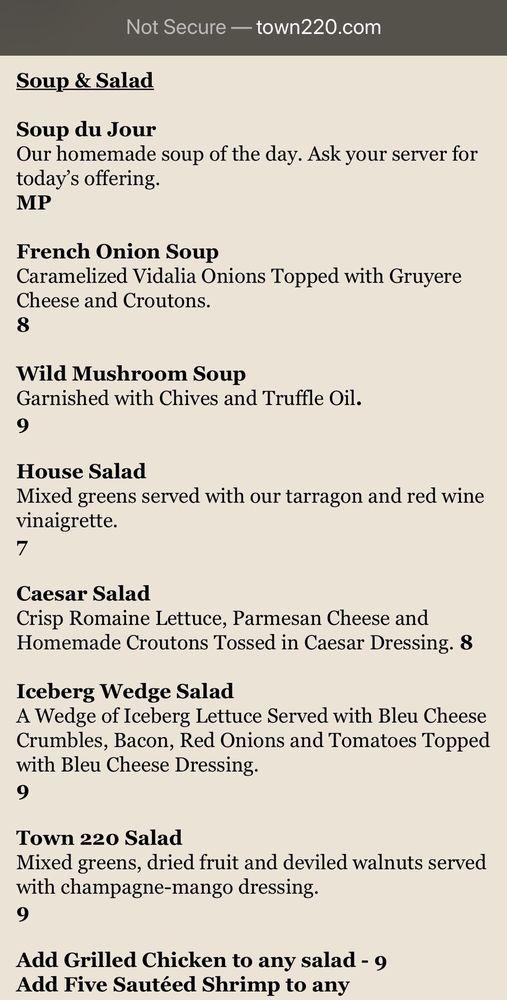 Menu at Town 220 Restaurant, Madison