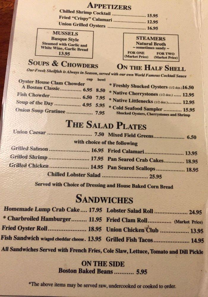 Menu at Union Oyster House restaurant, Boston