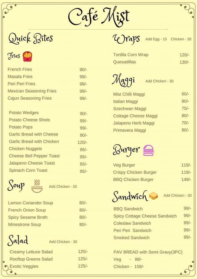 Menu at Cafe Mist, Bengaluru