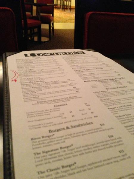 Menu at Concorde’s restaurant, Windsor Locks