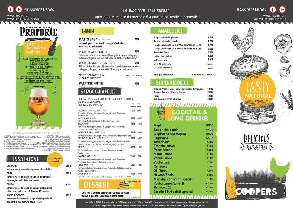 Menu at Cooper's Usago restaurant, Travesio, Via Val Cosa