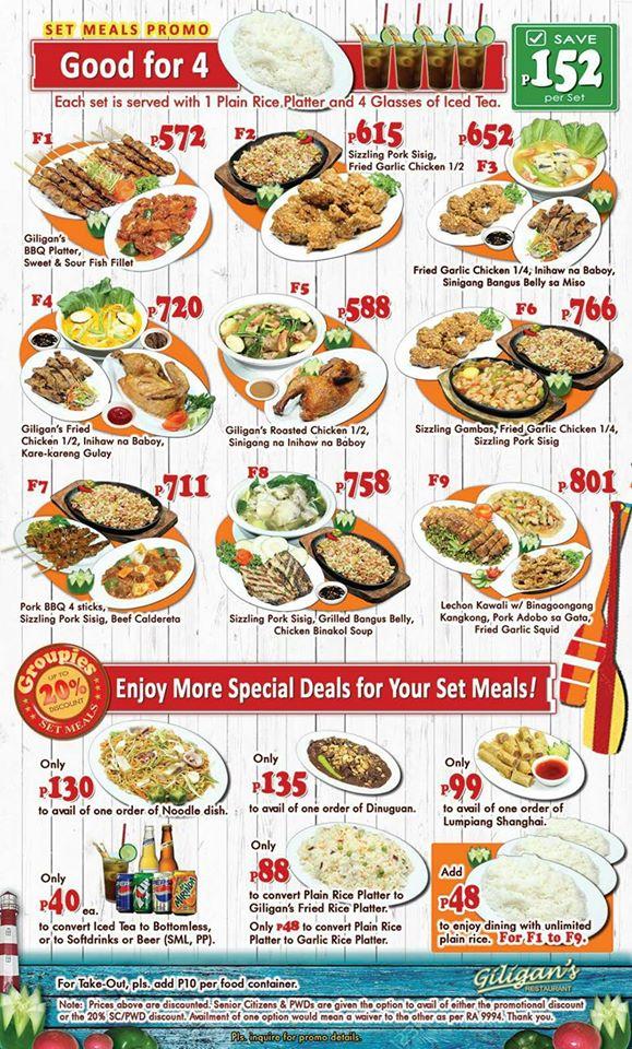 Menu at Giligan's restaurant, Muntinlupa, Ayala Malls South Park Unit R ...