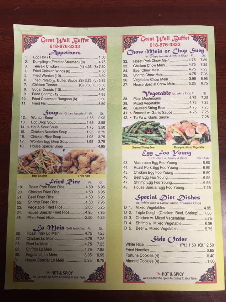 Menu at Great Wall restaurant, Granite City