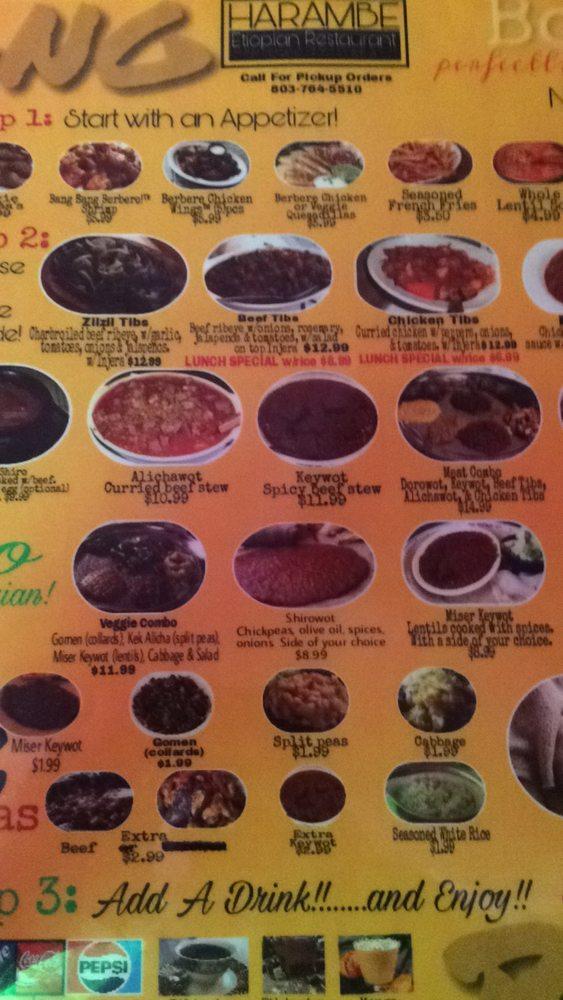 Menu at Harambe Ethiopian Restaurant, Columbia