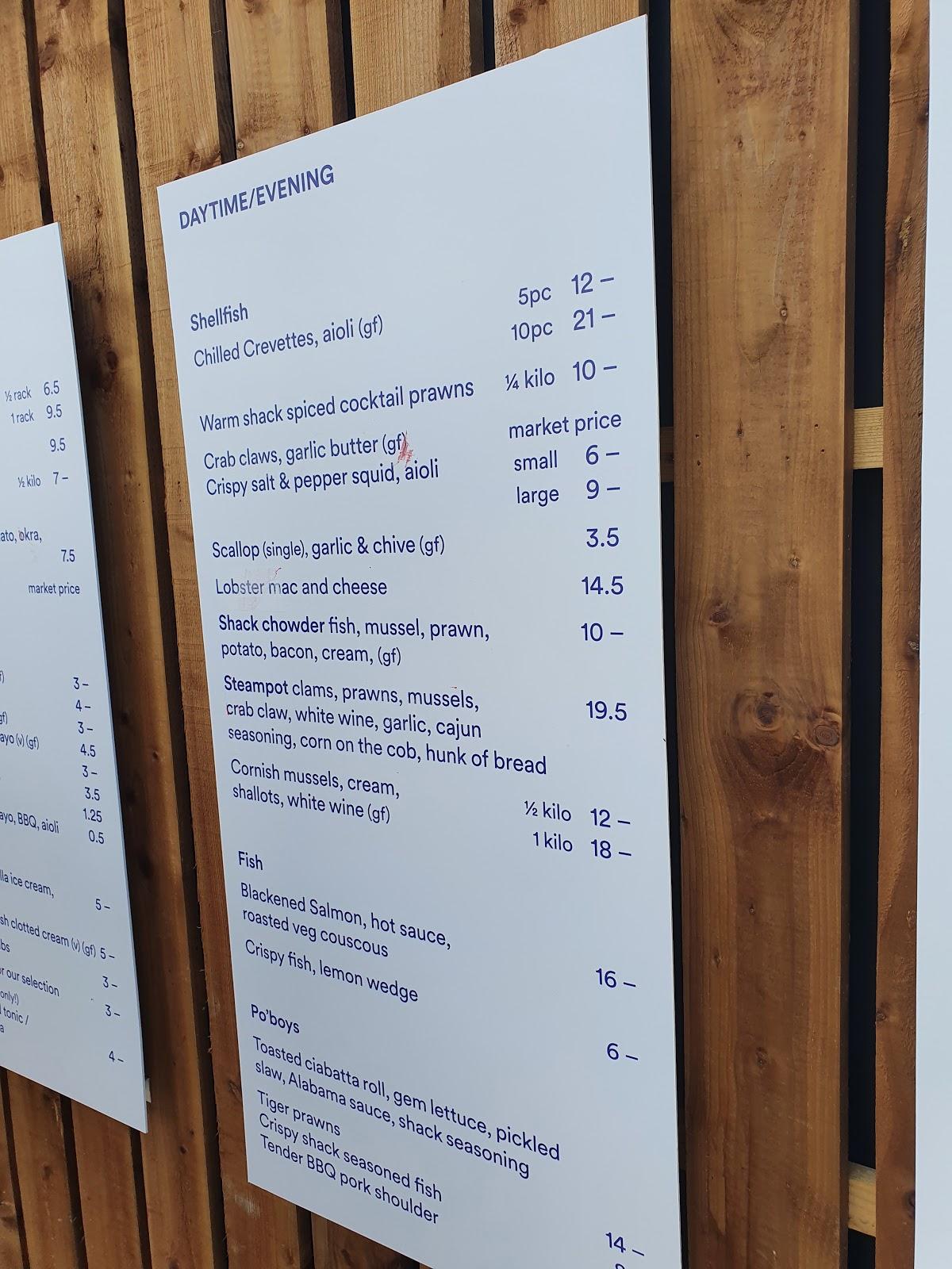 Menu at Lula Shack restaurant, Hayle
