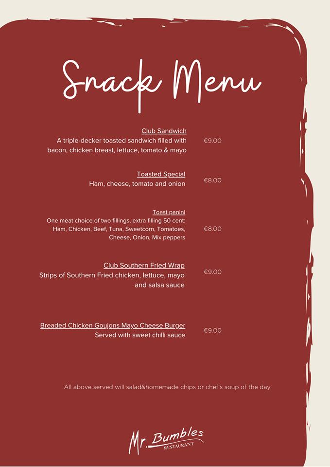 Menu at Mr Bumbles restaurant, Clonmel, Richmond Mill
