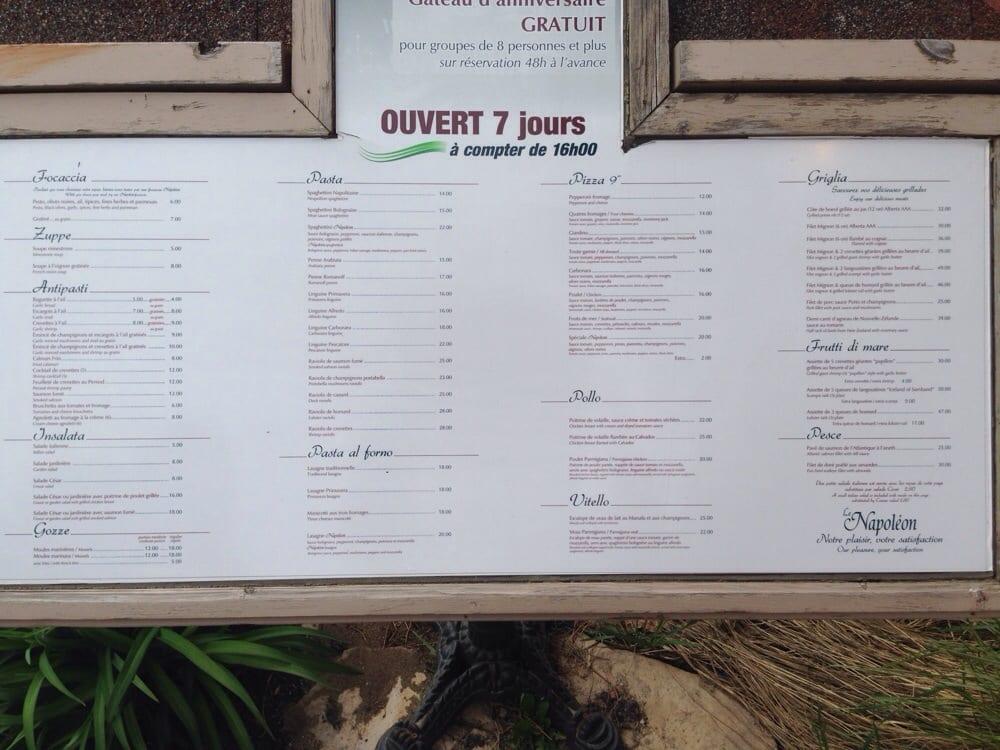 Menu au Restaurant Le Napoléon, Montebello