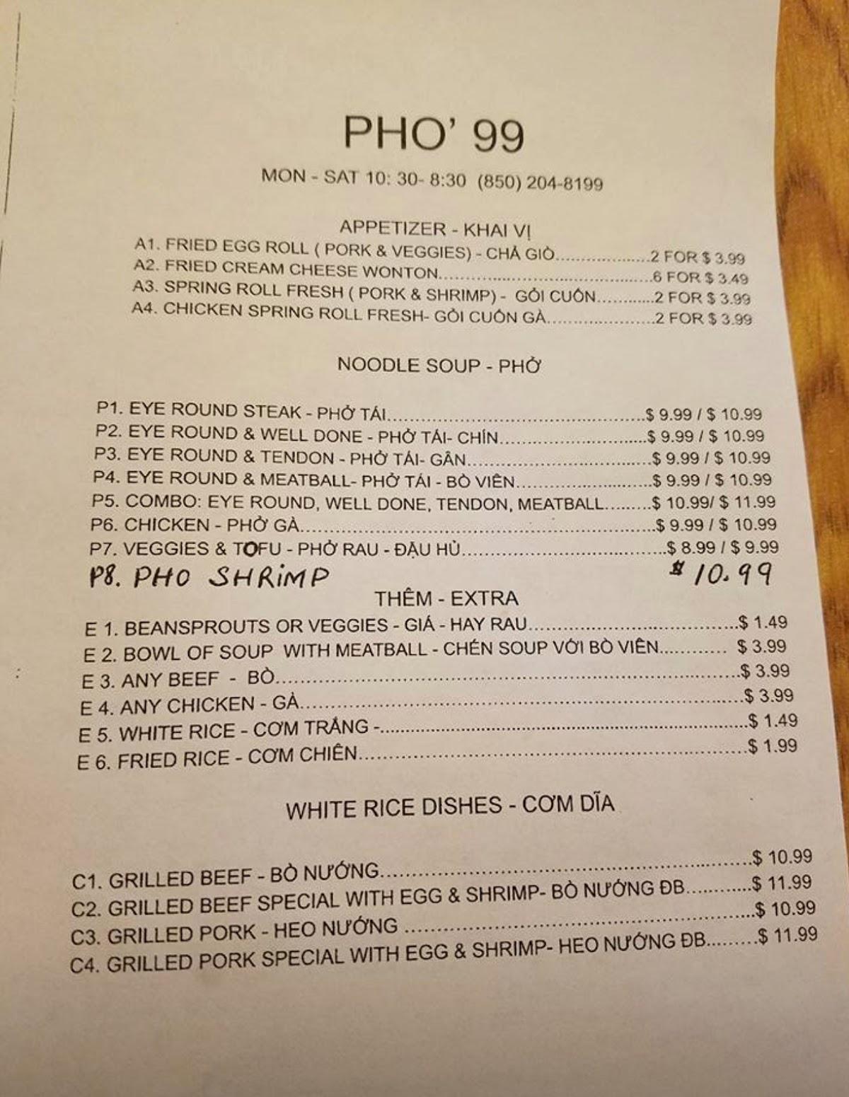 Menu at Phở 99 Vietnamese Restaurant, Navarre, Navarre Pkwy