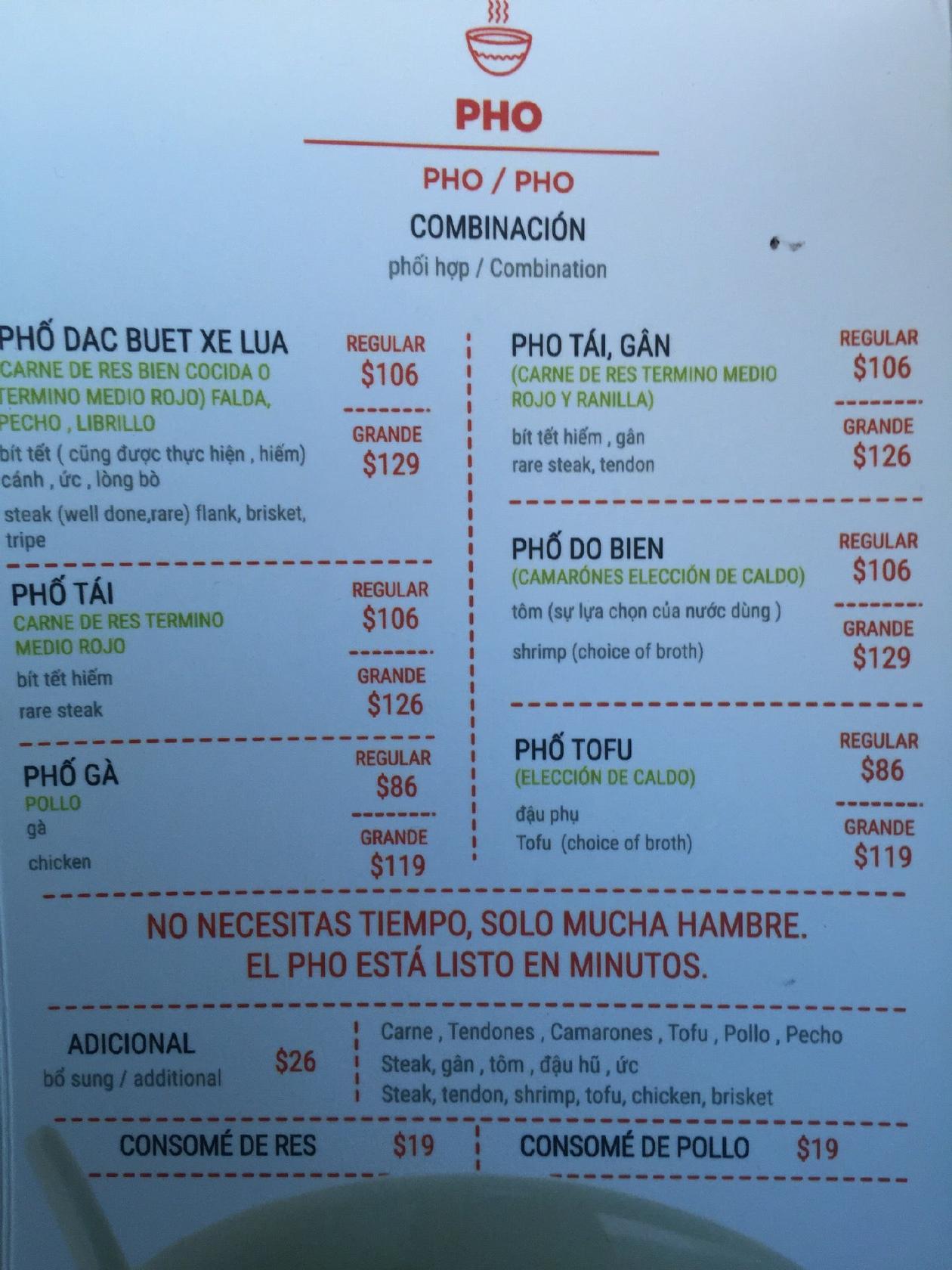 Carta del restaurante Pho Chef, Guadalajara