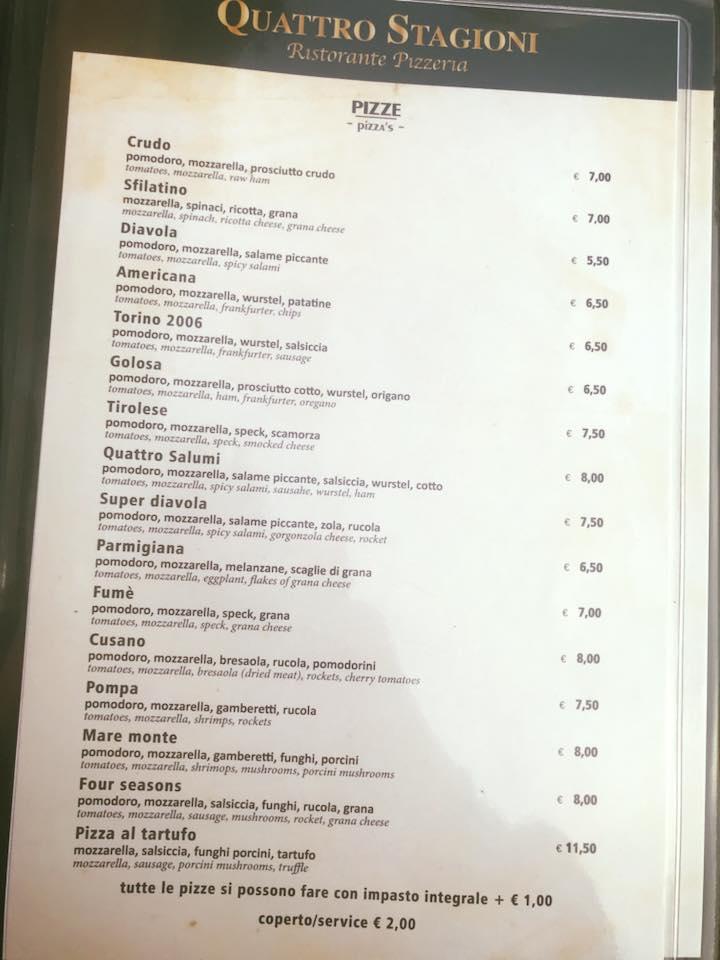 Menu at Quattro Stagioni restaurant, Varese