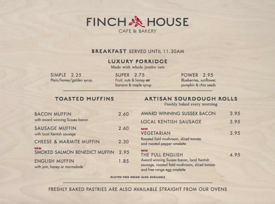 Carta de Finch House Cafe and Bakery, Tonbridge, Unit 15