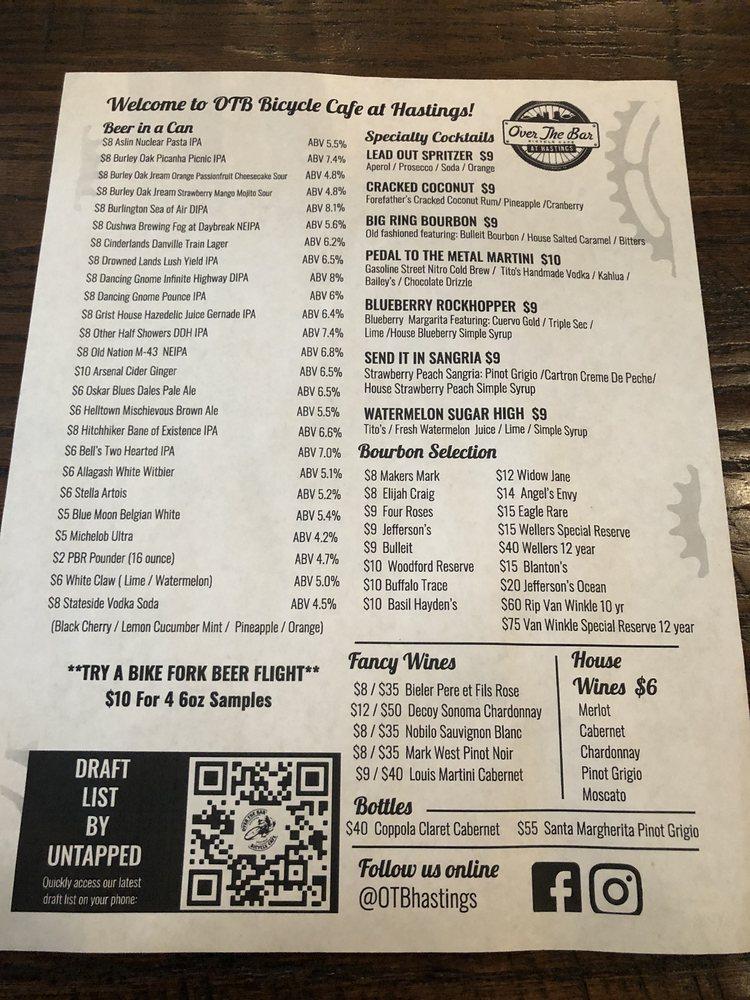 Menu at OTB Bicycle Cafe at Hastings, Bridgeville