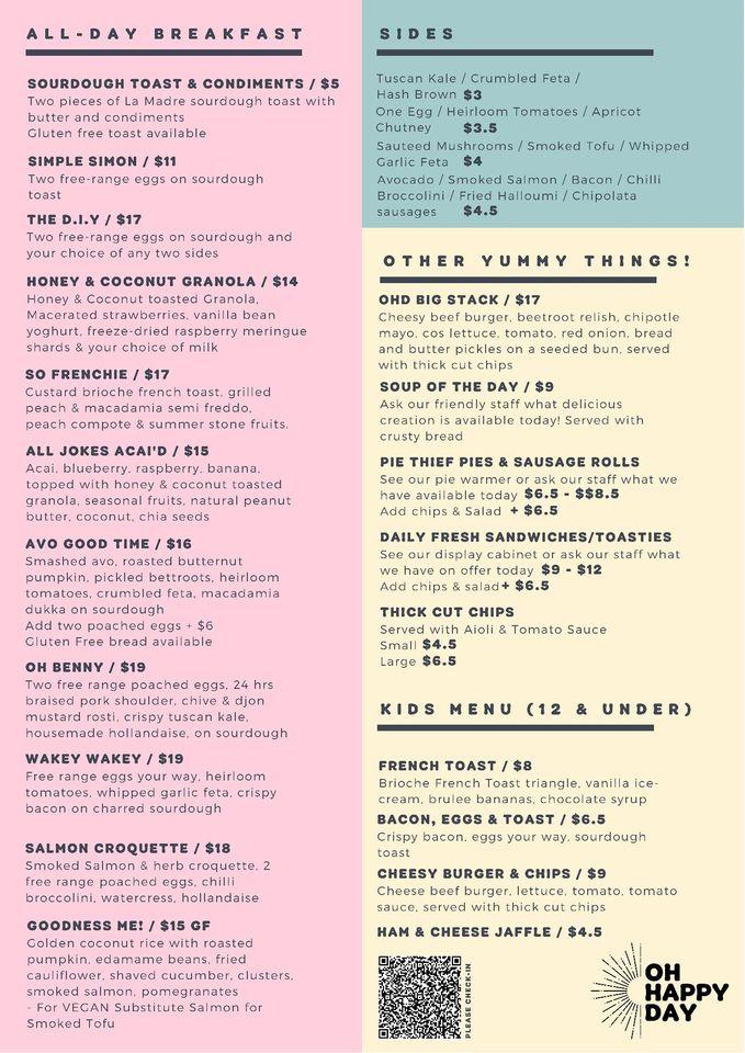Menu at Oh Happy Day Cafe, Point Cook