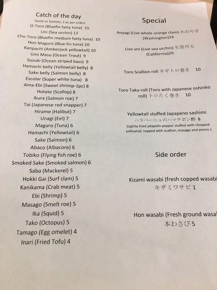 Menu at Sushi Hiro restaurant, Las Vegas