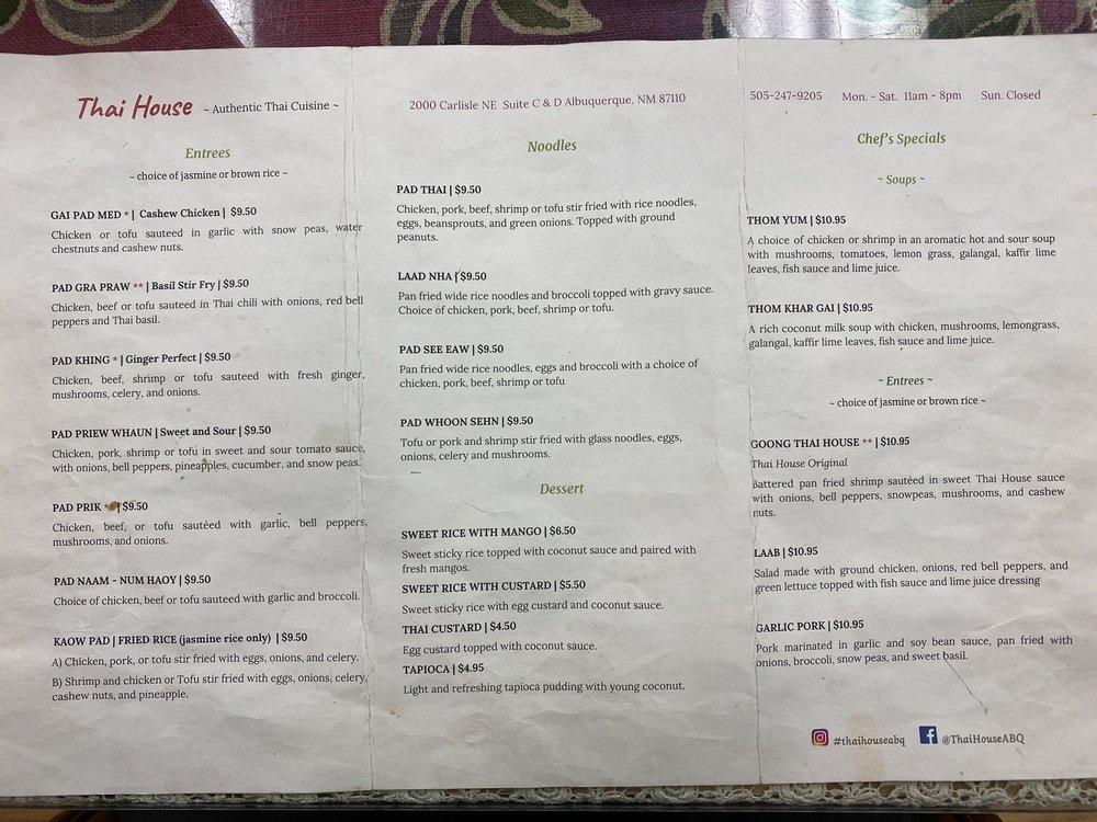 Menu at Thai House Restaurant, Albuquerque, Carlisle Blvd NE