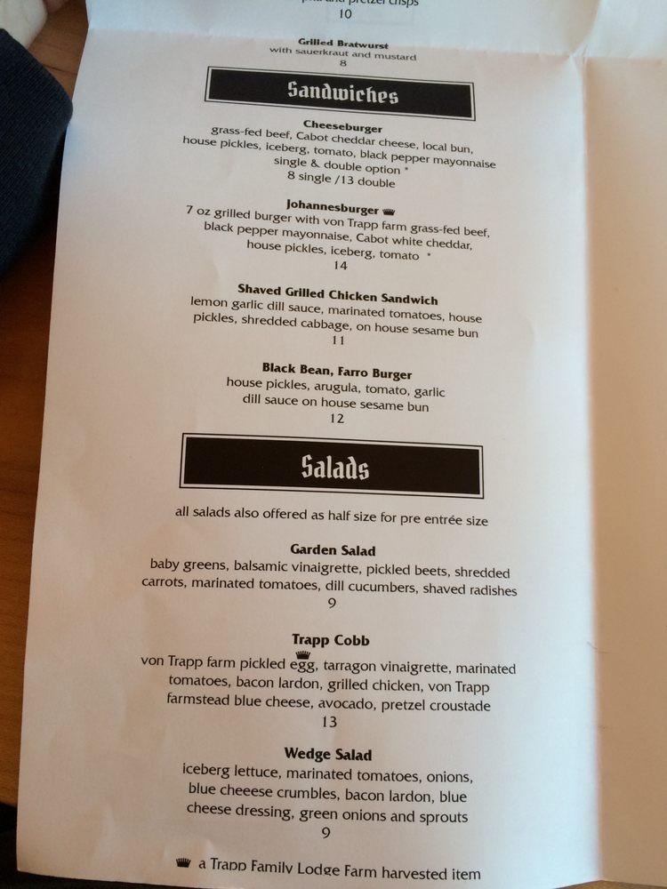 Menu at Trapp Family Lodge restaurant, Stowe, 700 Trapp Hill Rd