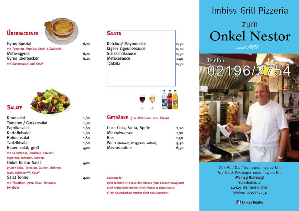 Speisekarte von Zum Onkel Nestor restaurant, Wermelskirchen