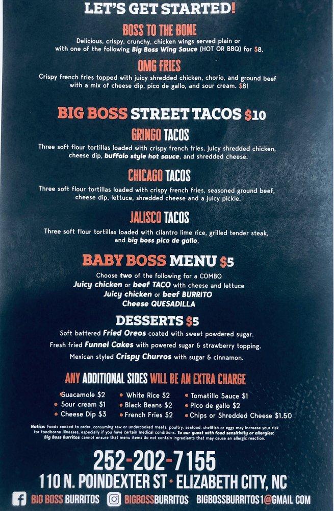 Menu at Big Boss Burritos restaurant, Elizabeth City