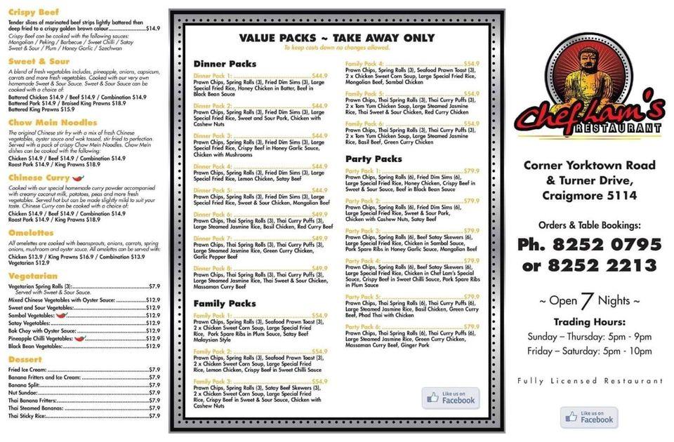 Menu at Chef Lam's Restaurant, Craigmore