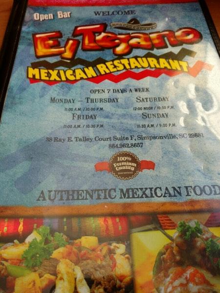 Menu at El Tejano Mexican Restaurant, Simpsonville
