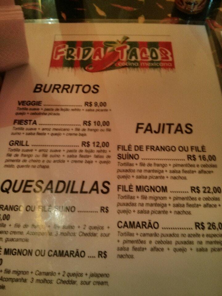 Menu at Frida Tacos restaurant, Campina Grande, Rua Treze de Maio 59