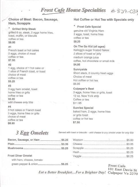 Menu at Frost Cafe, Culpeper