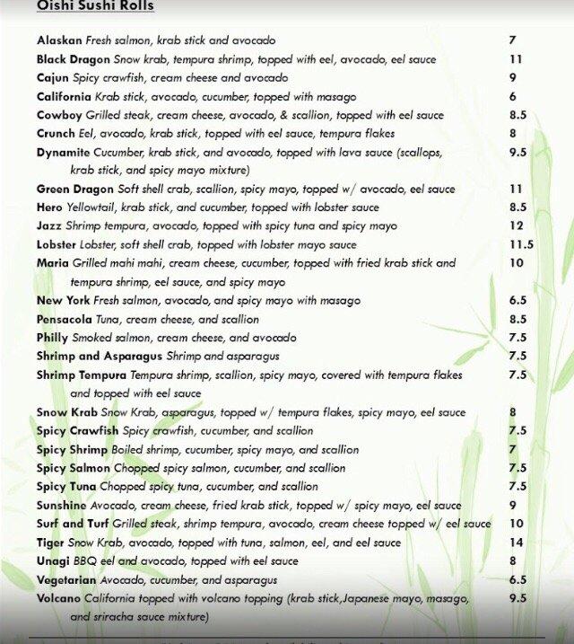 Menu at Oishi Japanese Sushi Bar and Grill, Spanish Fort