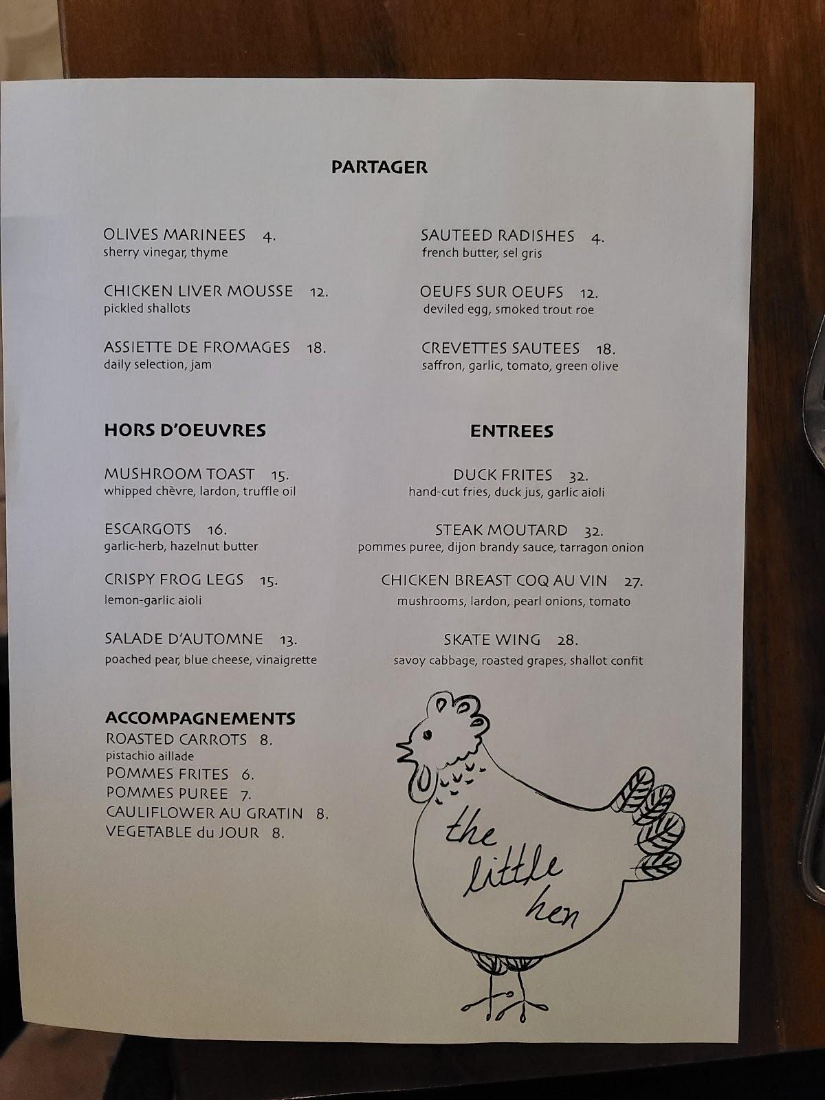 Menu at The Little Hen restaurant, Haddonfield