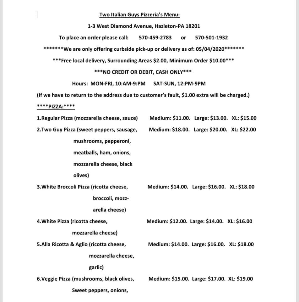 Menu at Two Italian Guys pizzeria, Hazleton