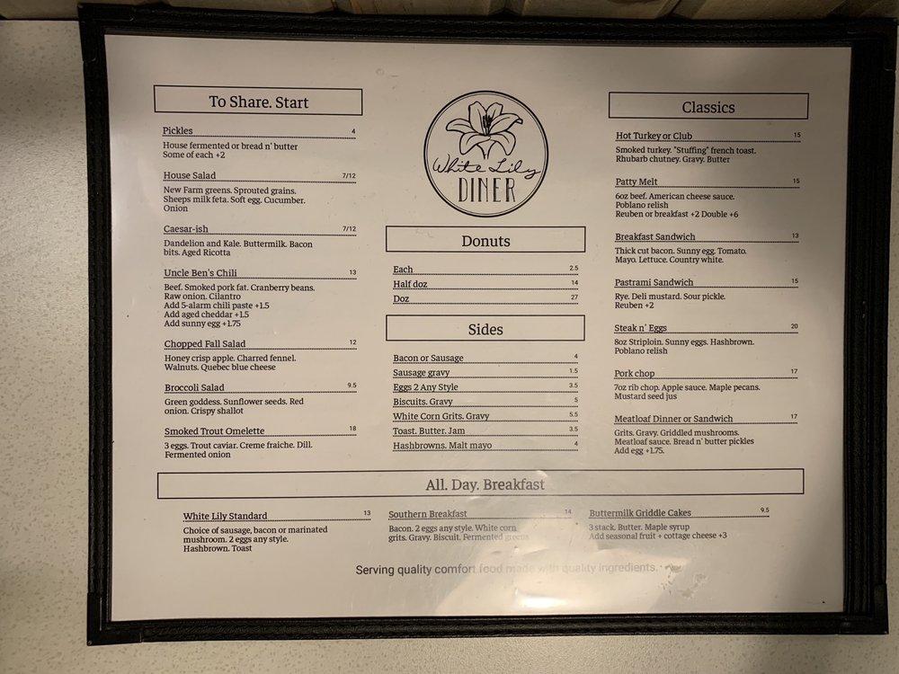 Menu at White Lily Diner restaurant, Toronto