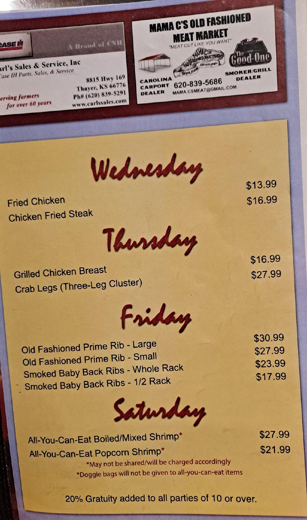 Menu at Big Ed's Steak House steakhouse, Thayer, 611 N Galveston St