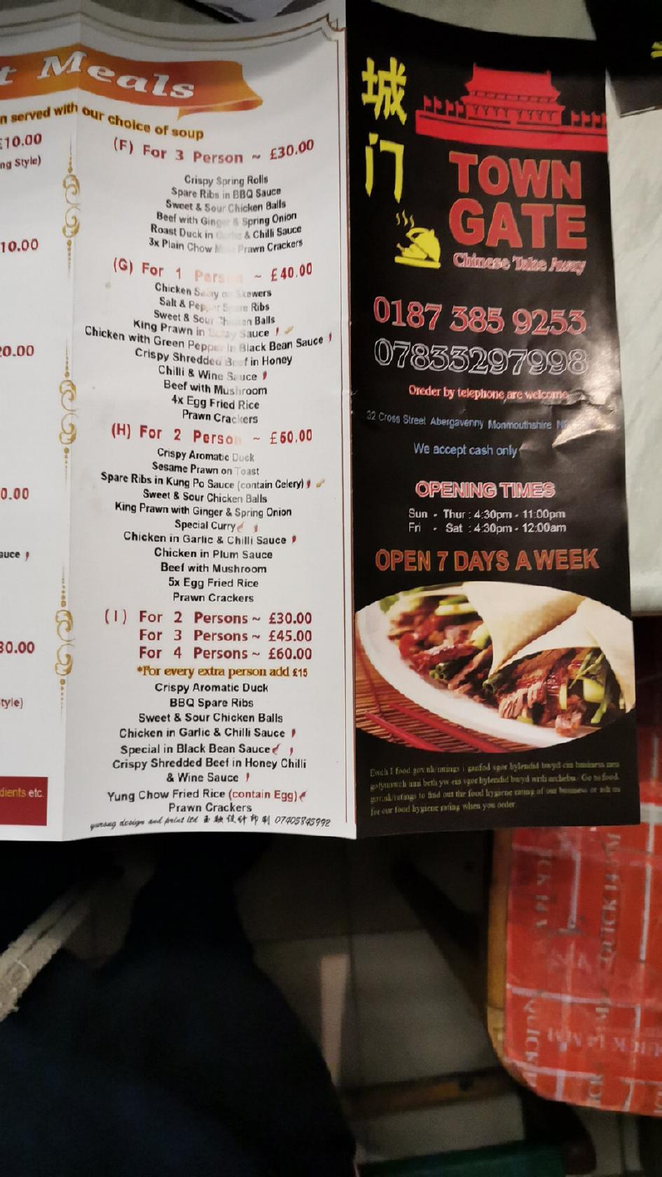 Menu at Town Gate fast food, Abergavenny