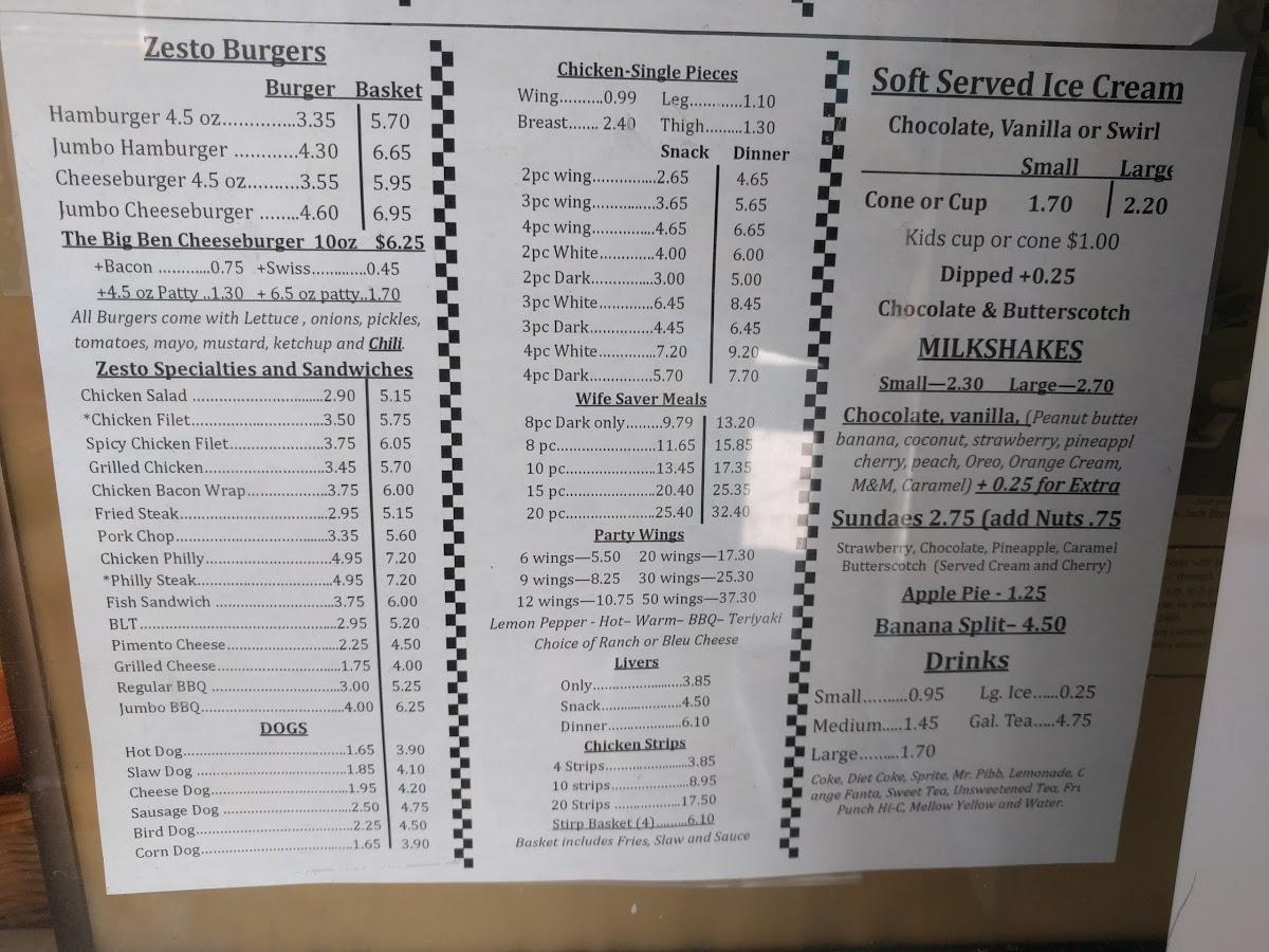 Menu at Zesto Drive-In fast food, Newberry