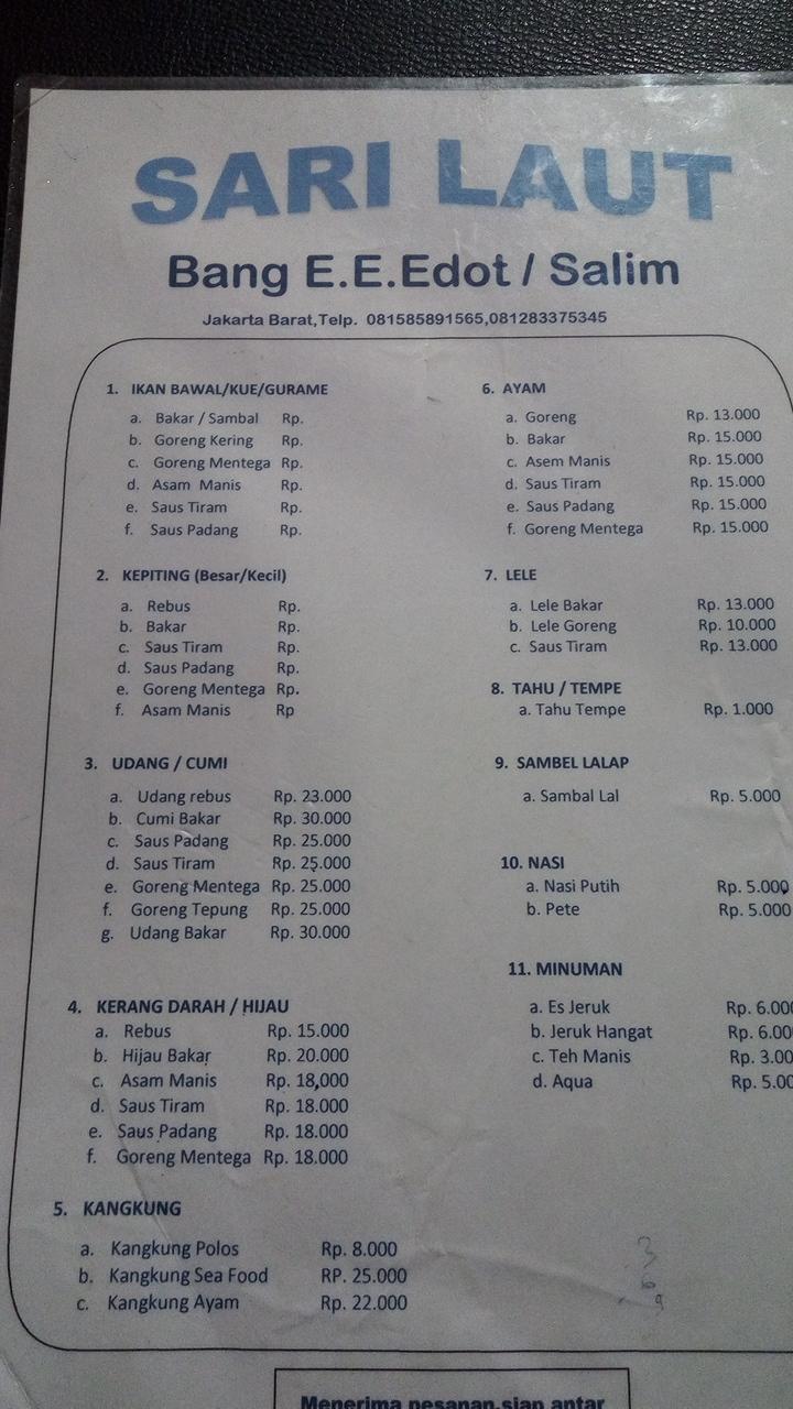 Menu at sari laut bang eedot/salim restaurant, West Jakarta