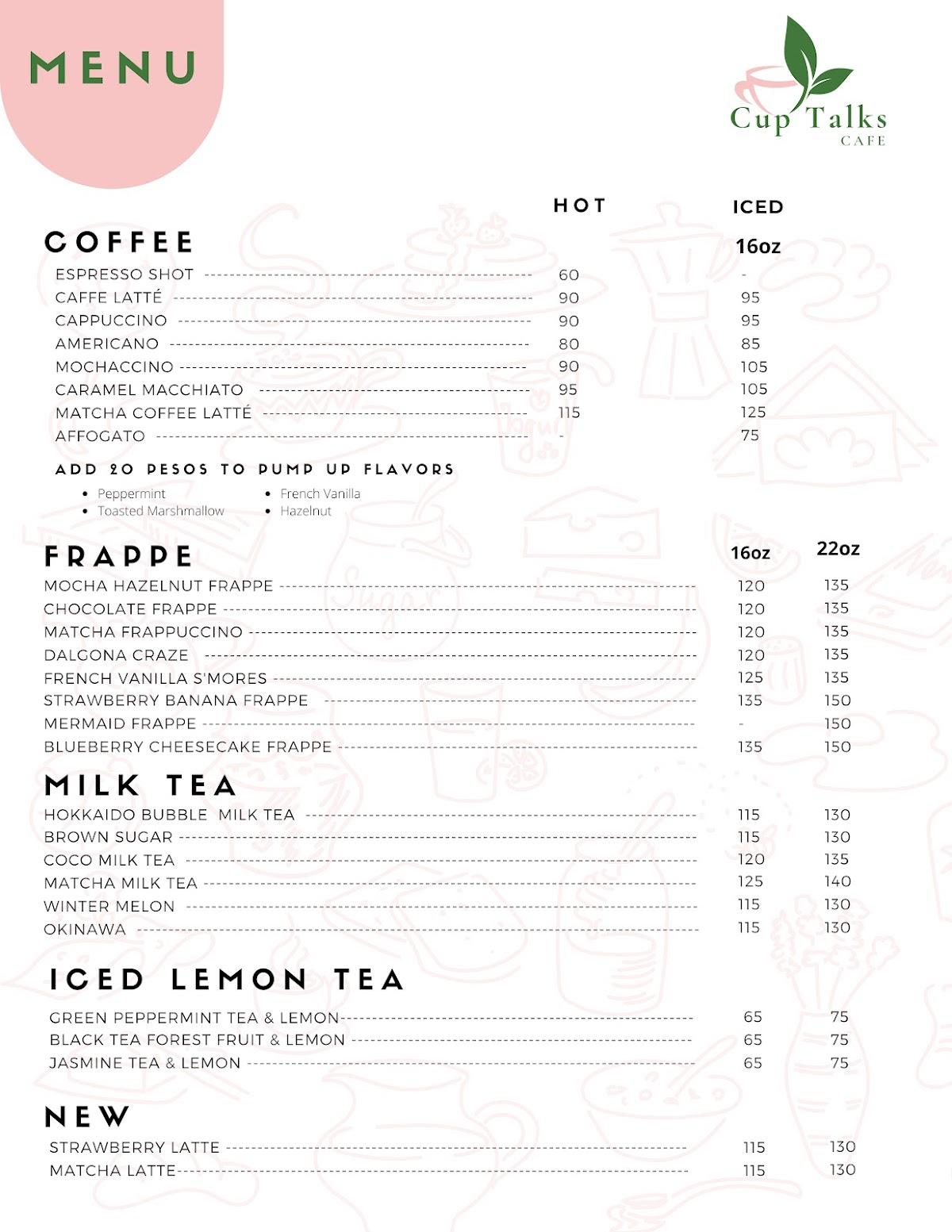 Menu at Cup Talks Cafe, Iloilo City