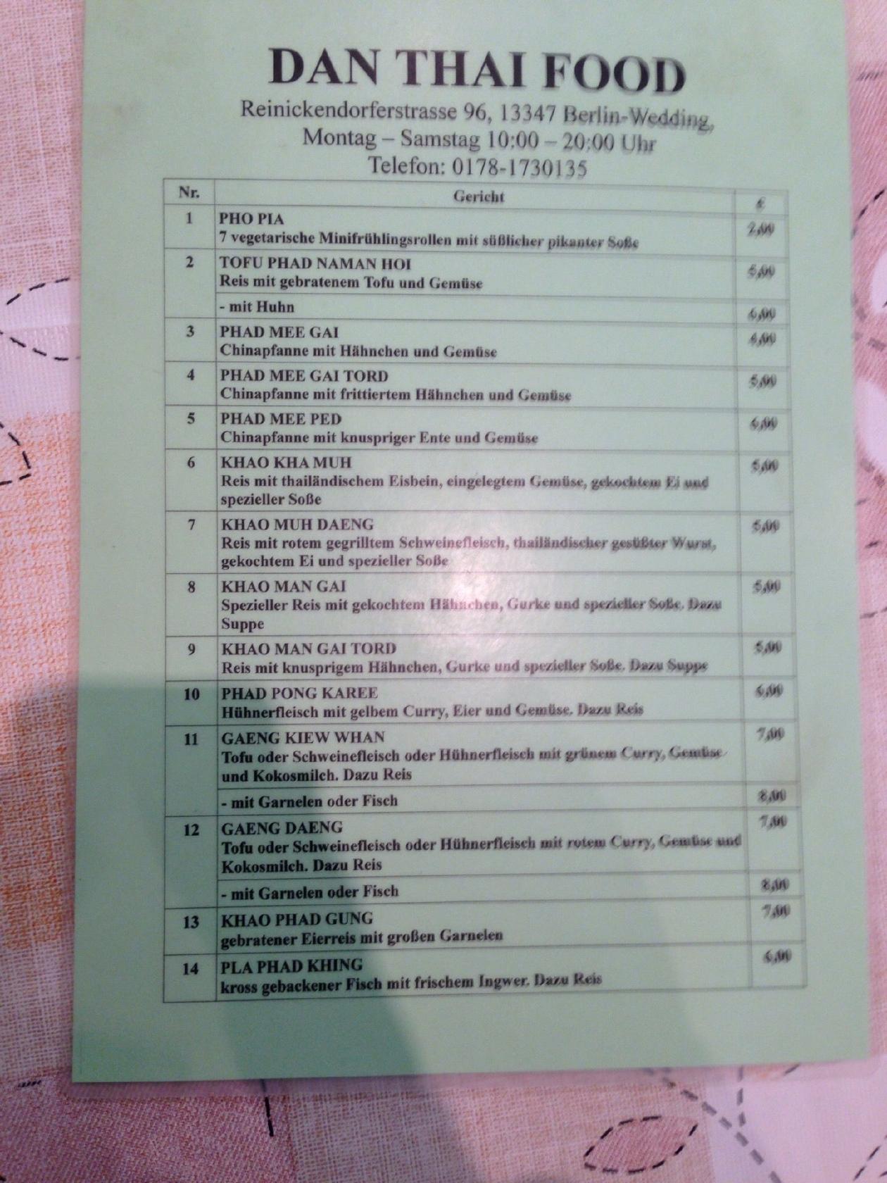 Speisekarte von Dan Thai Food restaurant, Berlin